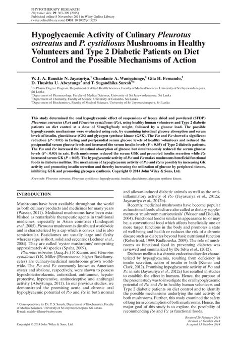 Pdf Hypoglycaemic Activity Of Culinary Pleurotus Ostreatus And P Cystidiosus Mushrooms In