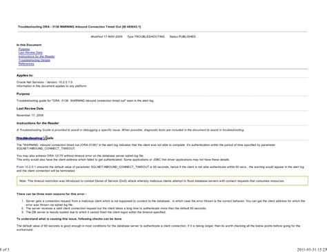 Troubleshooting Ora 3136 Warning Inbound Connection Timed Out Id 4650431 Pdf Oracle