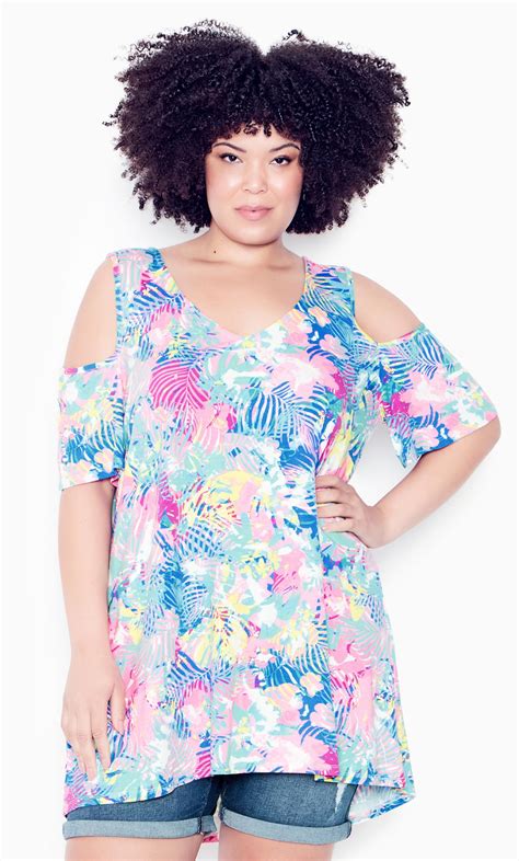 Evans Blue Floral Print Cold Shoulder Top Evans