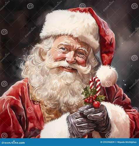 Santa Claus With Candy Cane In Watercolor Style Stock Illustration