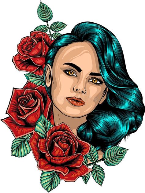 Vector Illustration Of Beautiful Woman With Roses Flowers Stock Vector