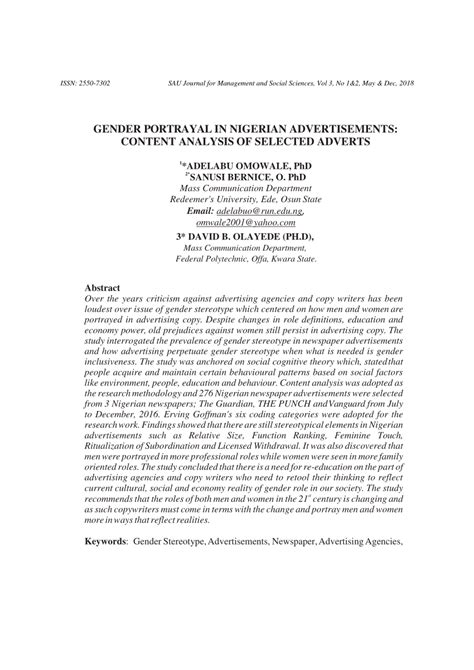 Pdf Gender Portrayal In Nigerian Advertisements Content Analysis Of