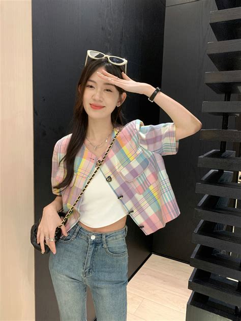 파스텔 체크 하트 반팔 자켓 라운드 넥 러블리 포켓 크롭 미니 숏 반팔 코튼 아우터 블라우스 셔츠 이너 레이어드 캐주얼
