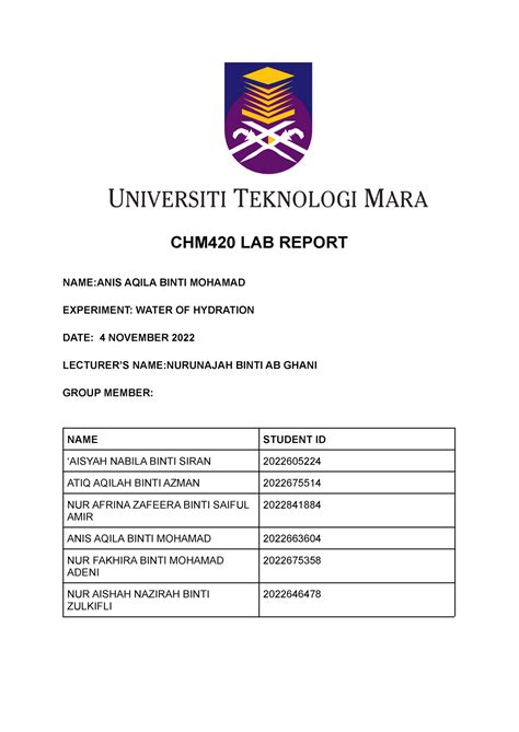 LAB Report CHM420 Experiment 2 CHM420 LAB REPORT NAME ANIS AQILA BINTI MOHAMAD EXPERIMENT