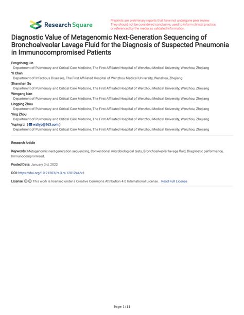 Pdf Diagnostic Value Of Metagenomic Next Generation Sequencing Of Bronchoalveolar Lavage Fluid