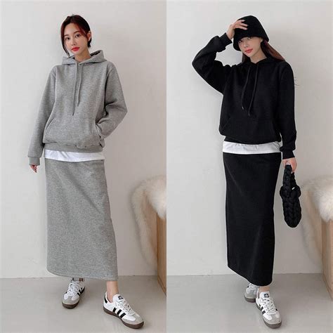 유야 88까지세트가격 레이어드 무지 면 후드티셔츠 H라인 밴딩 롱 스커트 트레이닝 세트 츄리닝 Sst0042 빅사이즈 루즈핏 봄 가을 코디