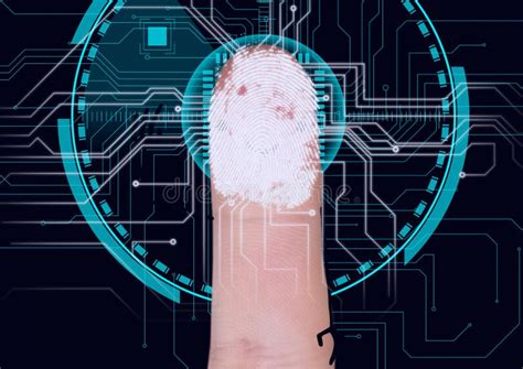 Human Finger Scanning Over Biometric Scanner Against Microprocessor Connections On Blue