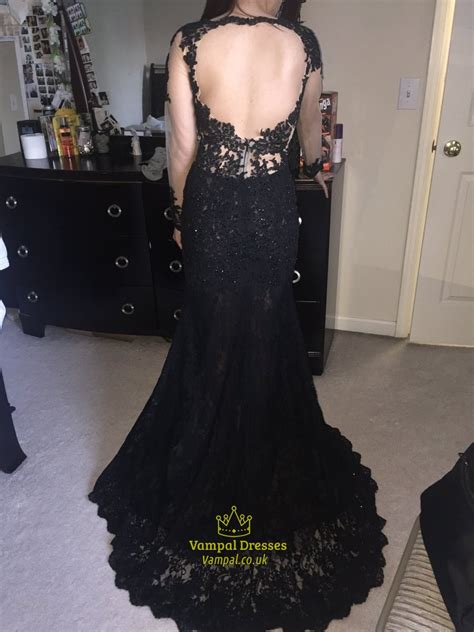 Black V Neck Sheer Long Sleeve Lace Prom Dress With Side Cutouts