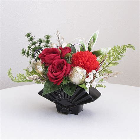 正月飾り～小松・バラ・ピンポンマム入りお正月アレンジ 迎春 和風 床の間 Cmny003 アートフラワー Flower Studio
