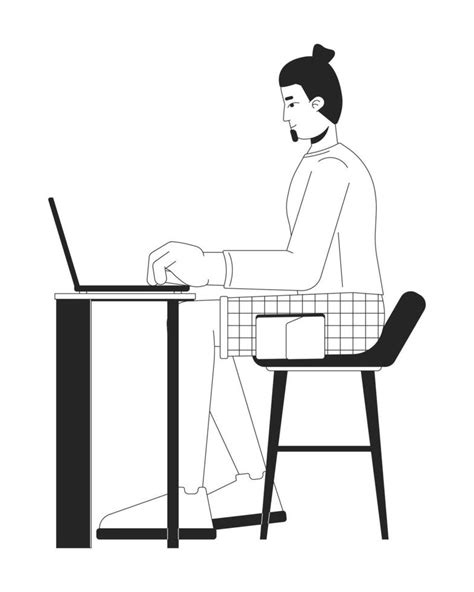 European Man Working On Laptop Black And White 2d Line Cartoon Character Caucasian Male