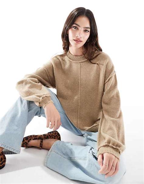 Asos Design Fluffy Knitted Sweater With Exposed Seams In Taupe Asos