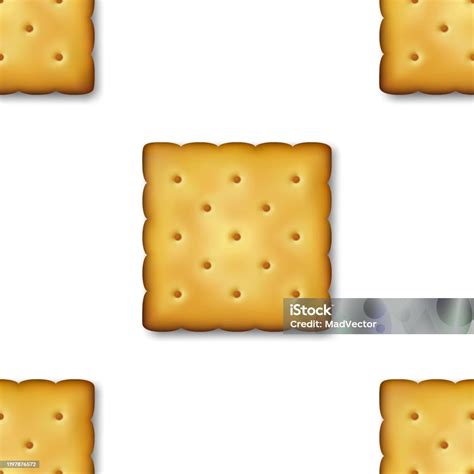 현실적인 벡터 3d 사각형 맛있는 쿠키 소박한 크래커 비스킷과 원활한 패턴 달콤한 쿠키 맛있는 크래커 아침 식사 간식의 디자인 템플릿 배경 화면 포장 섬유 인쇄 3차원
