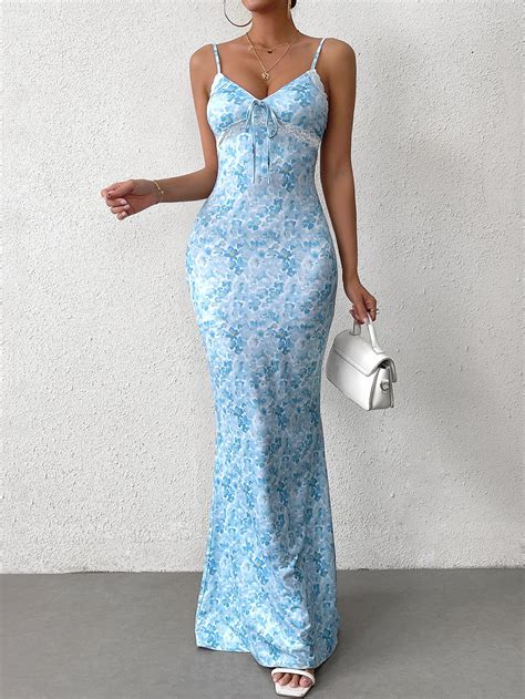 Tie Front V Neck Lace Spliced Floral Print Mermaid Dress Parthea Fashion