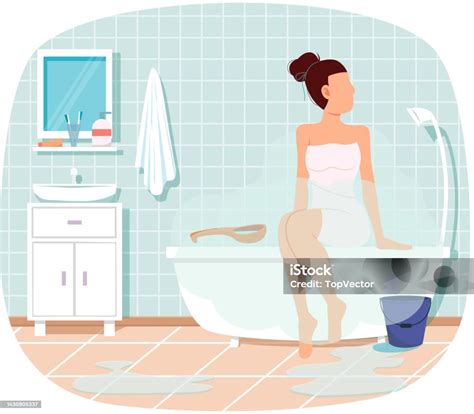 뜨거운 증기로 가정 사우나에서 휴식을 취하는 여성 캐릭터 소녀는 목욕 후 수건으로 싸서 앉습니다 증기에 대한 스톡 벡터 아트 및
