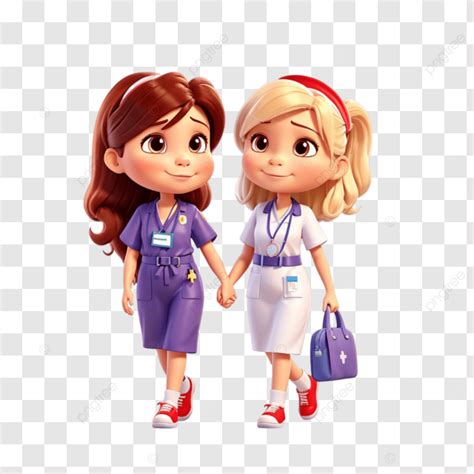 나란히 서있는 두 명의 쾌활한 만화 간호사 나란히 서있는 두 명의 쾌활한 만화 간호사 손을 잡고 다정한 미소를 지으며 만화 Png 일러스트 및 이미지 에 대한 무료