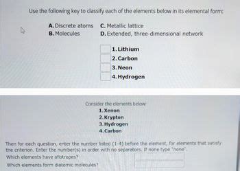 Answered Use The Following Key To Classify Each Of The Elements Below In Its Elemental Form A