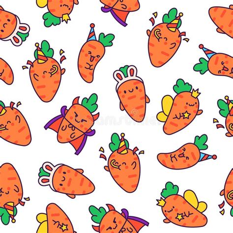 Kawaii Carrot With Funny Faces Seamless Pattern Stock Vector