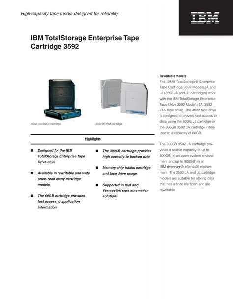 Ibm Totalstorage Enterprise Tape Cartridge 3592 Datasheets Pl