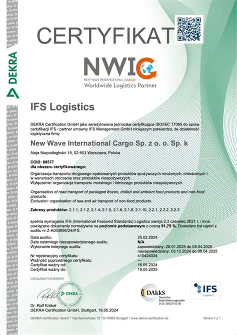 New Wave International Cargo uzyskało prestiżowy certyfikat IFS