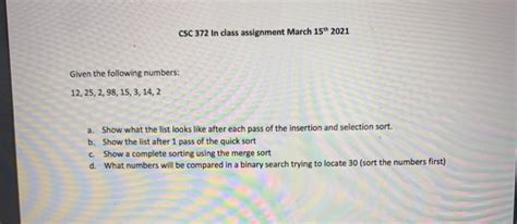 Solved Csc 372 In Class Assignment March 15h 2021 Given The