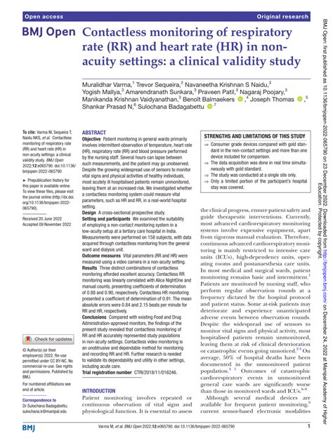 Pdf Contactless Monitoring Of Respiratory Rate Rr And Heart Rate
