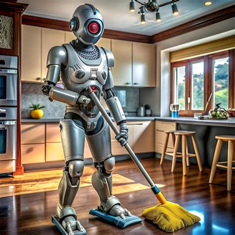 A Futuristic Robot Housekeeper Diligently Mops The Floor In A Modern