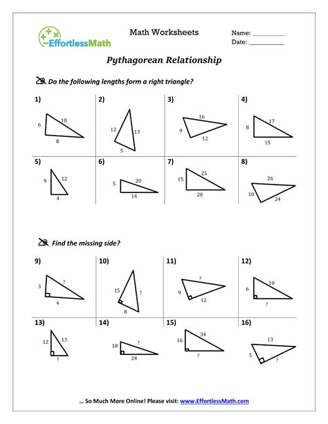 Pythagorean Triples Worksheet