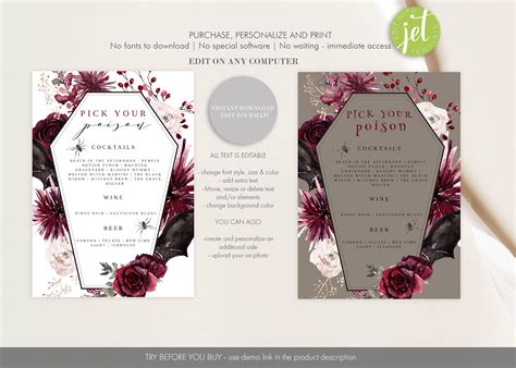 Halloween Bar Menu Template Burgundy Printable Cocktail Menu Etsy