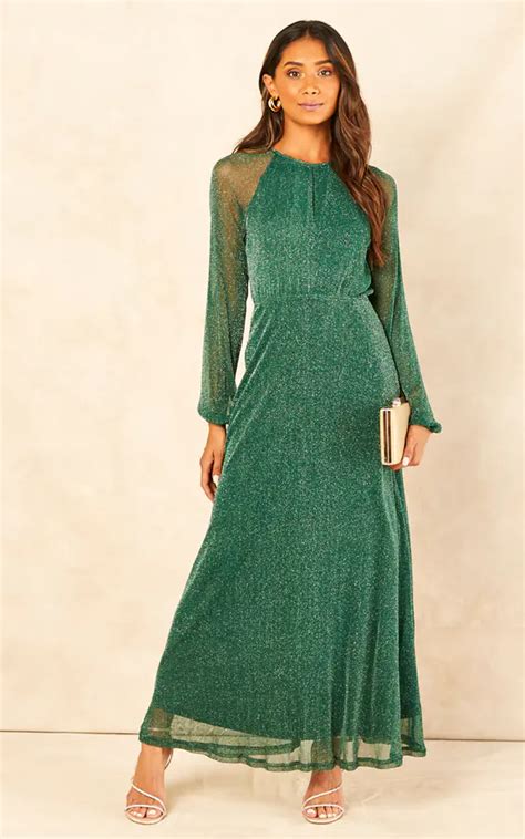 Emerald Green Sparkly Long Sleeve Maxi Dress Silkfred Us