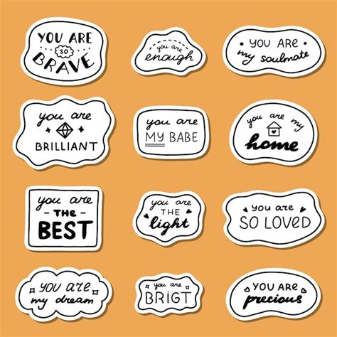 Conjunto de adesivos doodle bonito citações inspiradoras e elogios