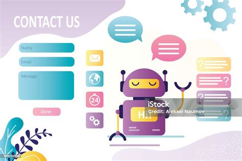 로봇 운영자는 다양한 문제에 대해 고객과 통신합니다 문의 양식 템플릿 챗봇 지원 서비스는 고객을 돕습니다 핫라인 피드백 및 콜 센터 방문 페이지 개념에 대한 스톡 벡터 아트