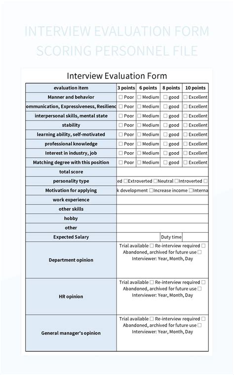 Interview Evaluation Form Scoring Personnel File Excel Template And