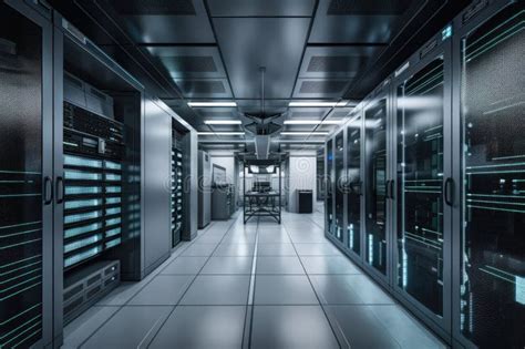 Data Center With Servers In Racks And Security Cameras Monitoring The Room Stock Illustration