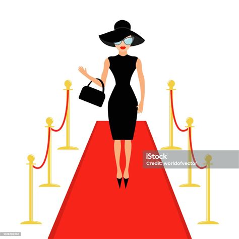 紅色地毯和繩索障礙金黃支柱閘門被隔絕的婦女在黑帽子 袋子和太陽鏡揮動富有美麗的名人女孩時裝模特白色背景平面設計向量圖形及更多盛會圖片 Istock