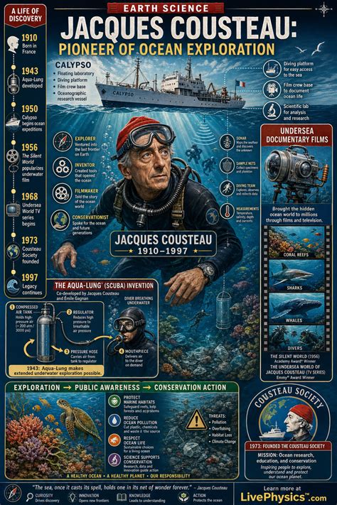 Jacques Cousteau Pioneer Of Ocean Exploration Infographic Livephysics™
