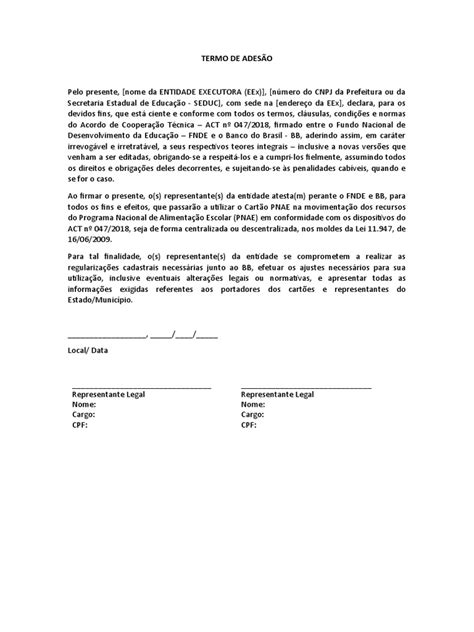 Termo De Adesão Modelo Pdf