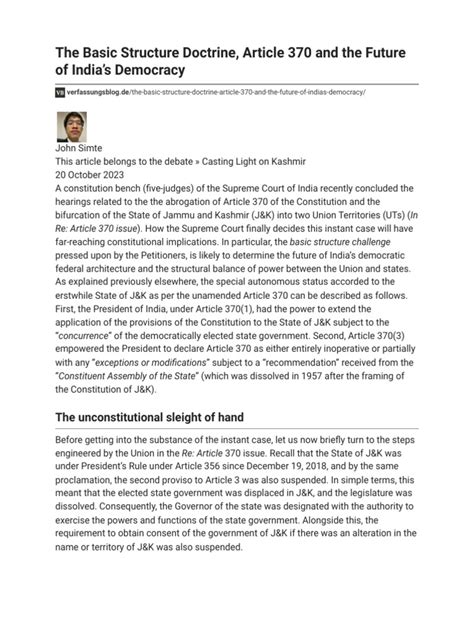 The Basic Structure Doctrine Article 370 And The Future Of Indias