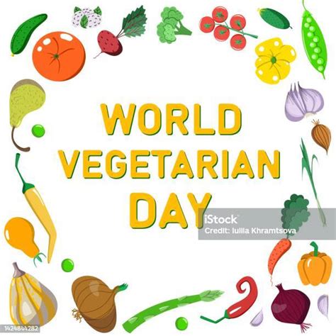 평평한 스타일의 세계 채식주의 자의 날 벡터 엽서 주위에 원형의 음식 개념에 대한 스톡 벡터 아트 및 기타 이미지 개념 건강한 생활방식 건강한 식생활 Istock
