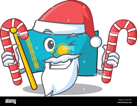 Flag Kazakhstan Cartoon Character In Santa With Candy Vector