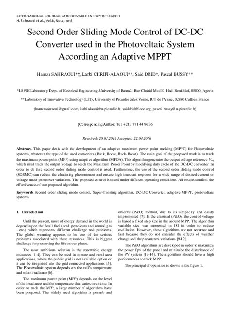 Pdf Second Order Sliding Mode Control Of Dc Dc Converter Used In The Photovoltaic System
