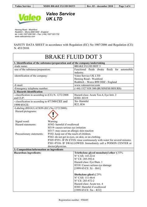 Valeo Braking Systems Brake Fluid Dot3 Material Safety Data Sheet