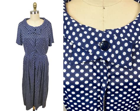 Vintage VOLUP 1960 S Navy Polka Dot Dress Neck Tie Zip Front Button