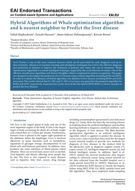 Pdf Hybrid Algorithms Of Whale Optimization Algorithm And K Nearest Neighbor To Predict The