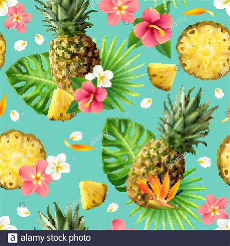 Realistic Colorful Seamless Pattern With Pineapples And Flowers Vector