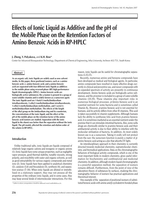 Pdf Effects Of Ionic Liquid As Additive And The Ph Of The Mobile Phase On The Retention