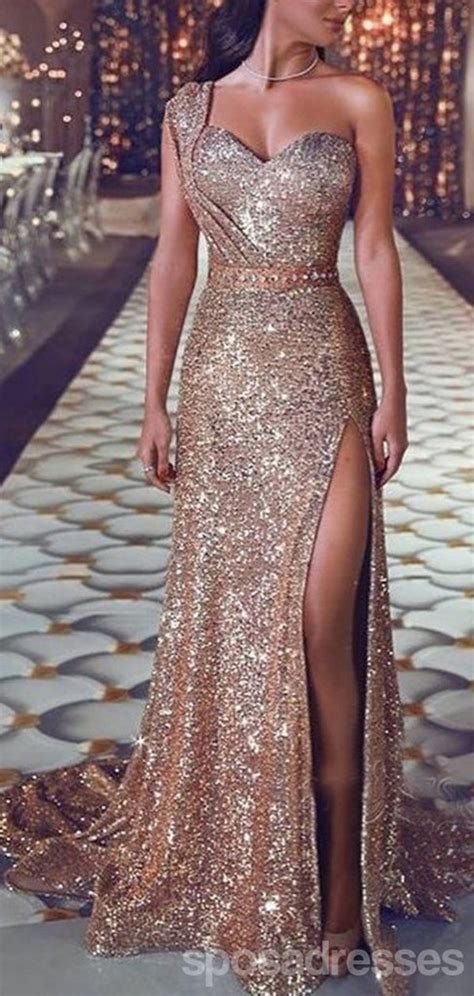 Gold Mermaid High Slit One Shoulder Cheap Long Prom Dresses Online126
