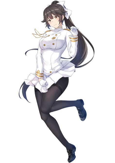 배경 화면 Takao Azur Lane 제복 Azur Lane 흑발 긴 머리 군 팬티 스타킹 포니 테일 머리 장식 치마 흰색 배경 간단한 배경 노란