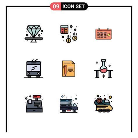 Set Of 9 Modern Ui Icons Symbols Signs For Document Trolley Finance Bus Year Editable Vector