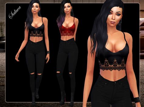 The Sims Resource Lace Detail Satin Top By Saliwa • Sims 4 Downloads