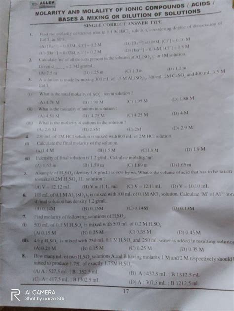 Molarity And Molality Of Ionic Compounds Acids Bases And Mixing Or Dilut